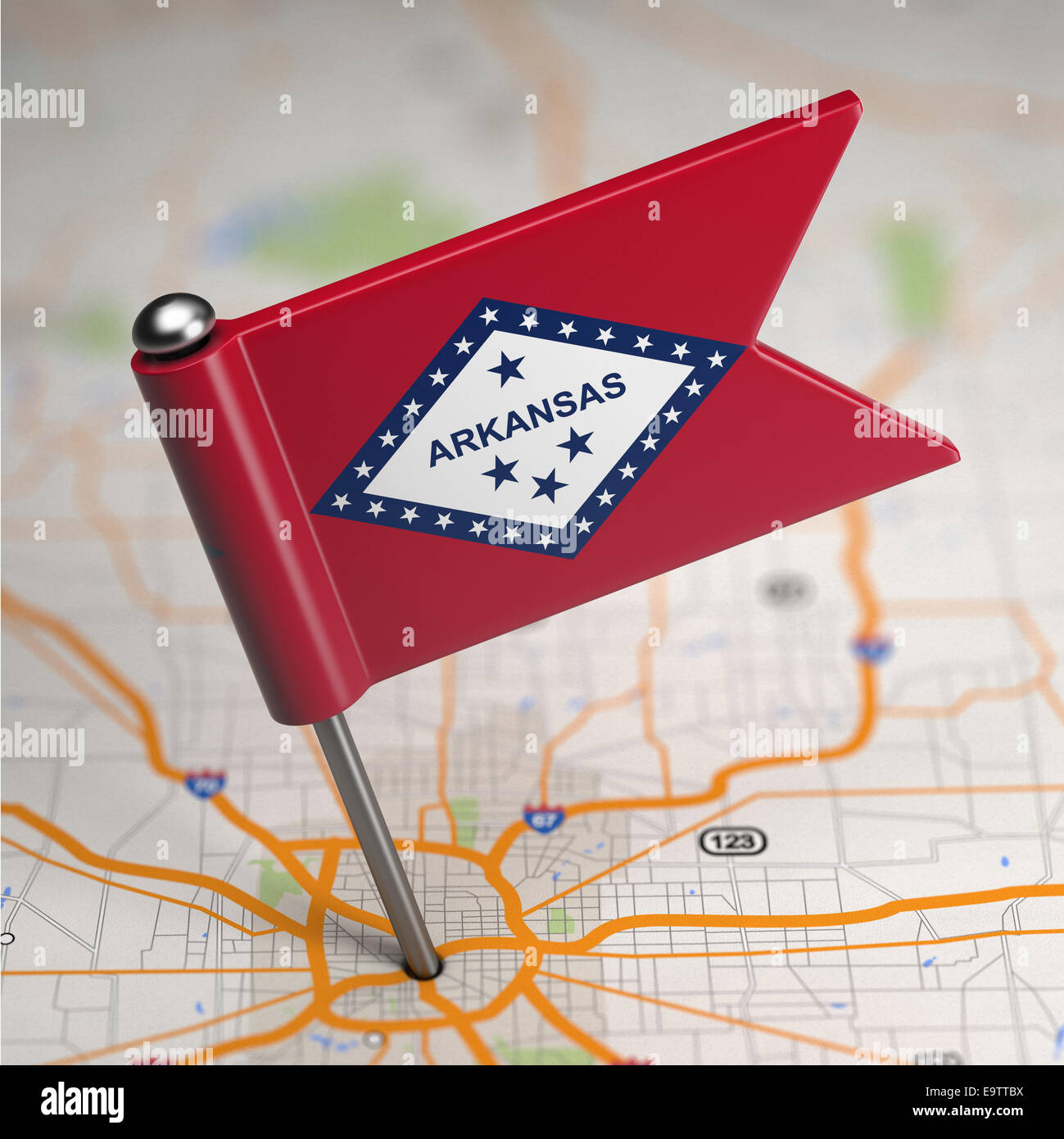 Small Flag of Arkansas on a Map Background with Selective Focus Stock ...