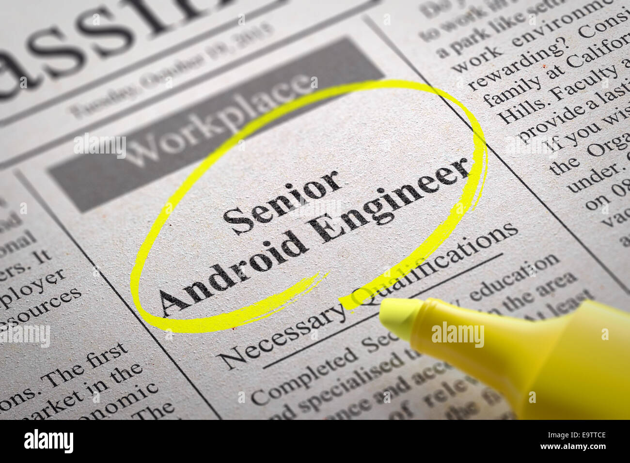 Senior Android Engineer Vacancy in Newspaper. Job Search Concept Stock ...