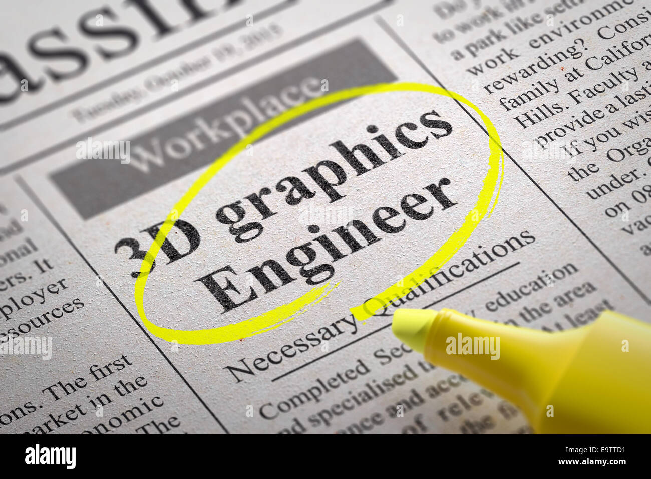 3D Graphics Engineer Vacancy in Newspaper. Job Search Concept Stock ...