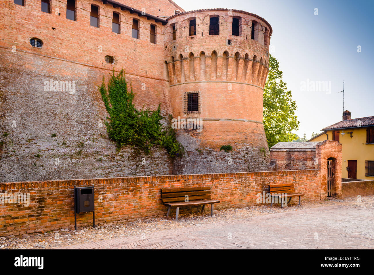 The medieval brick walls of the small village of Dozza near Bologna in ...