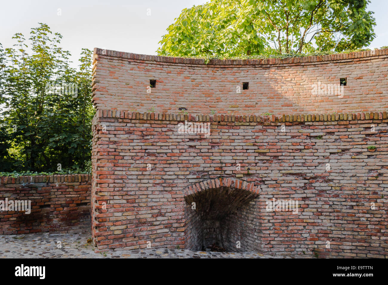 The medieval brick walls of the small village of Dozza near Bologna in ...