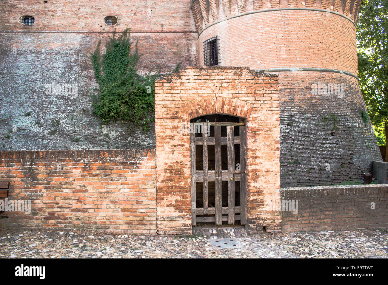The medieval brick walls of the small village of Dozza near Bologna in ...