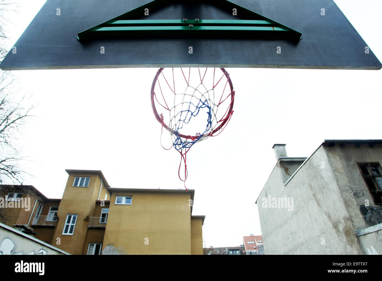 A close up of a basketball hoop shot from below at playground Stock ...