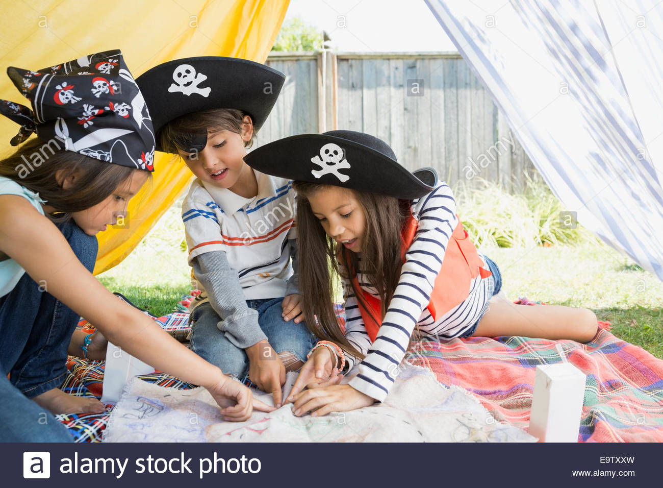 Children playing pirates and pointing at treasure map Stock Photo - Alamy