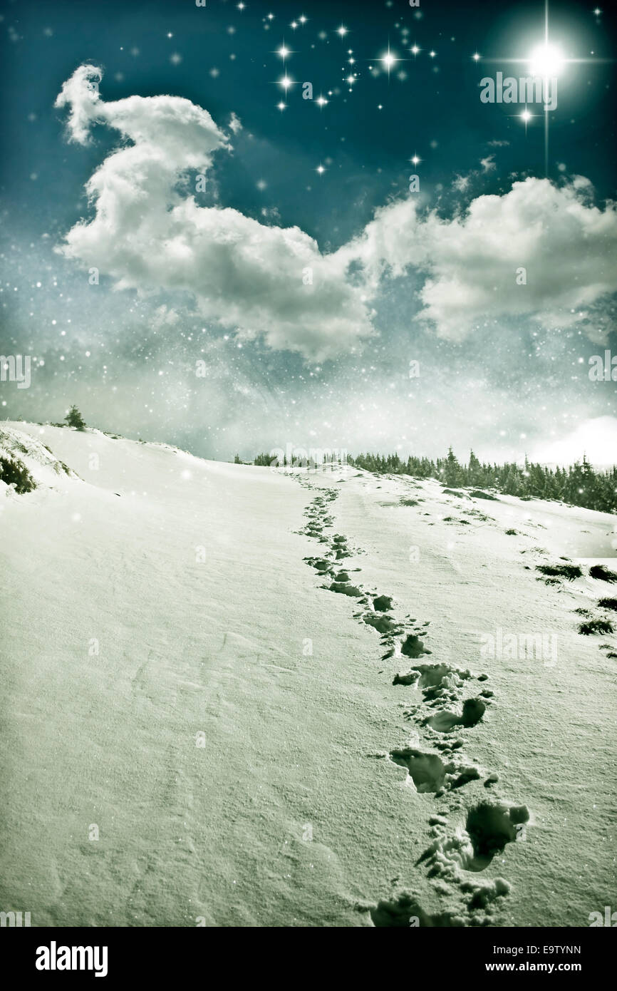 Christmas background with snowy path on the hillside Stock Photo - Alamy