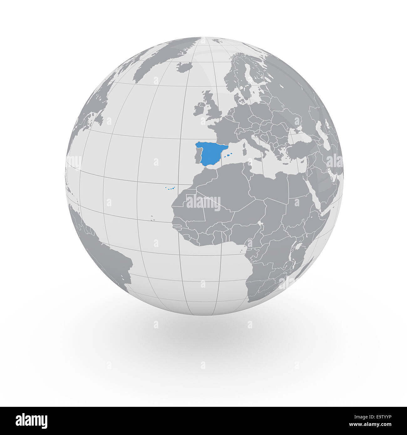 Spain on globe isolated on white background Stock Photo - Alamy