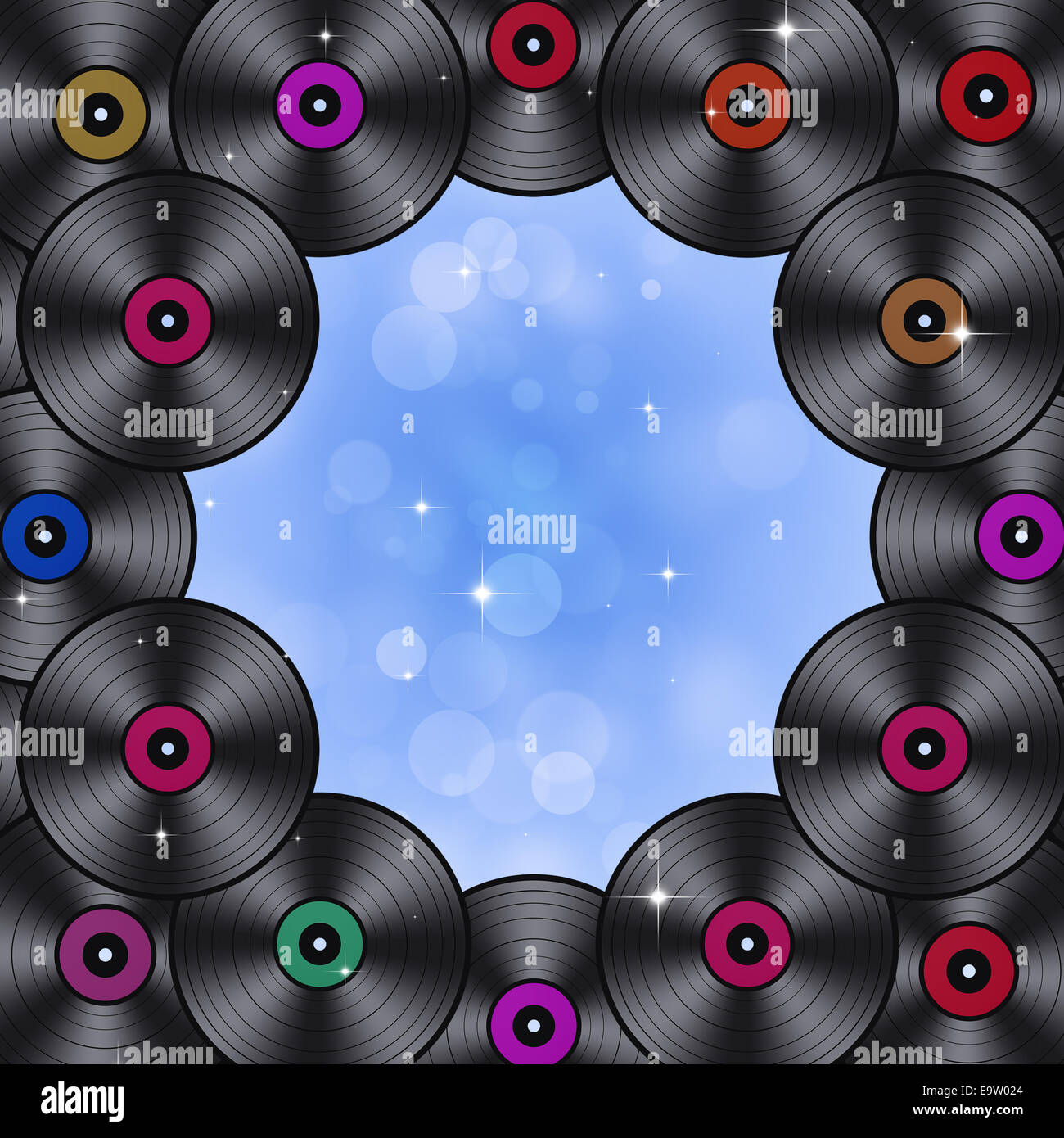 multicolor music vinyls with star shapes background Stock Photo - Alamy