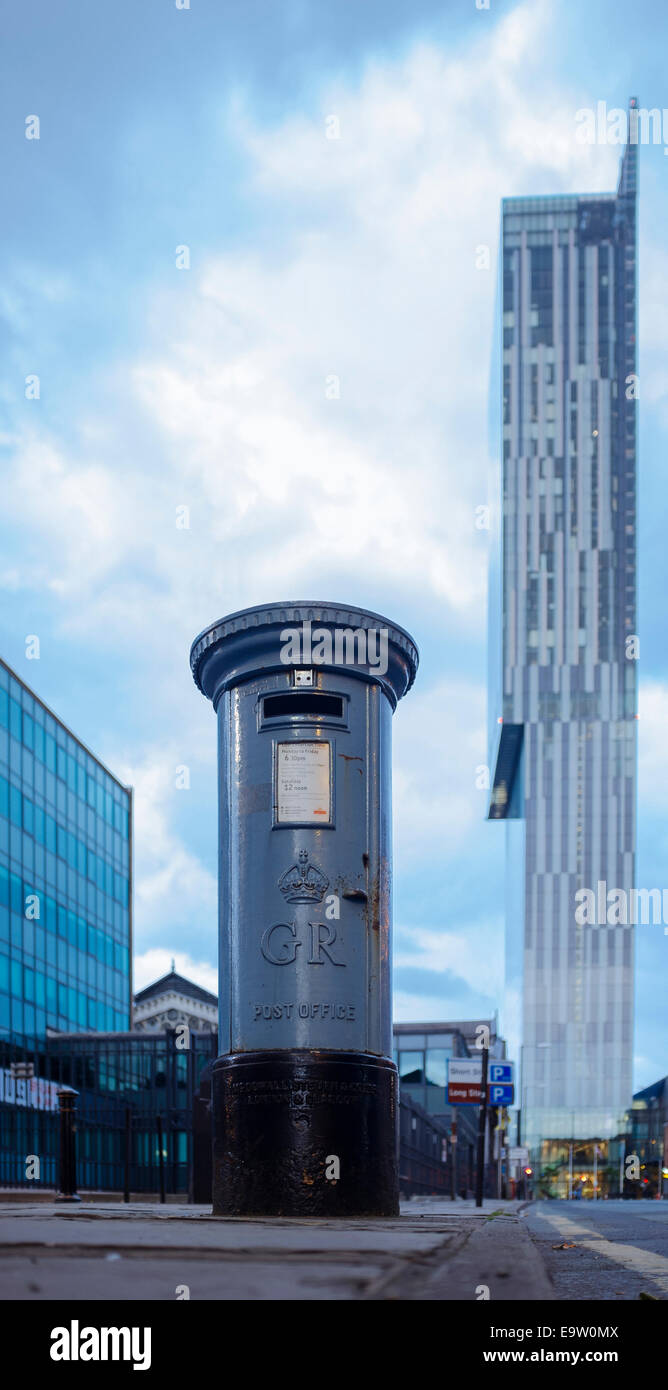 One of the UK's two blue post boxes, Liverpool Road in Manchester Stock ...