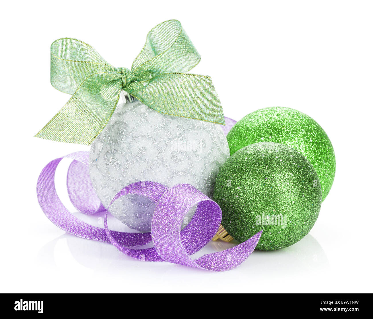 Christmas baubles and colorful ribbon. Isolated on white background ...
