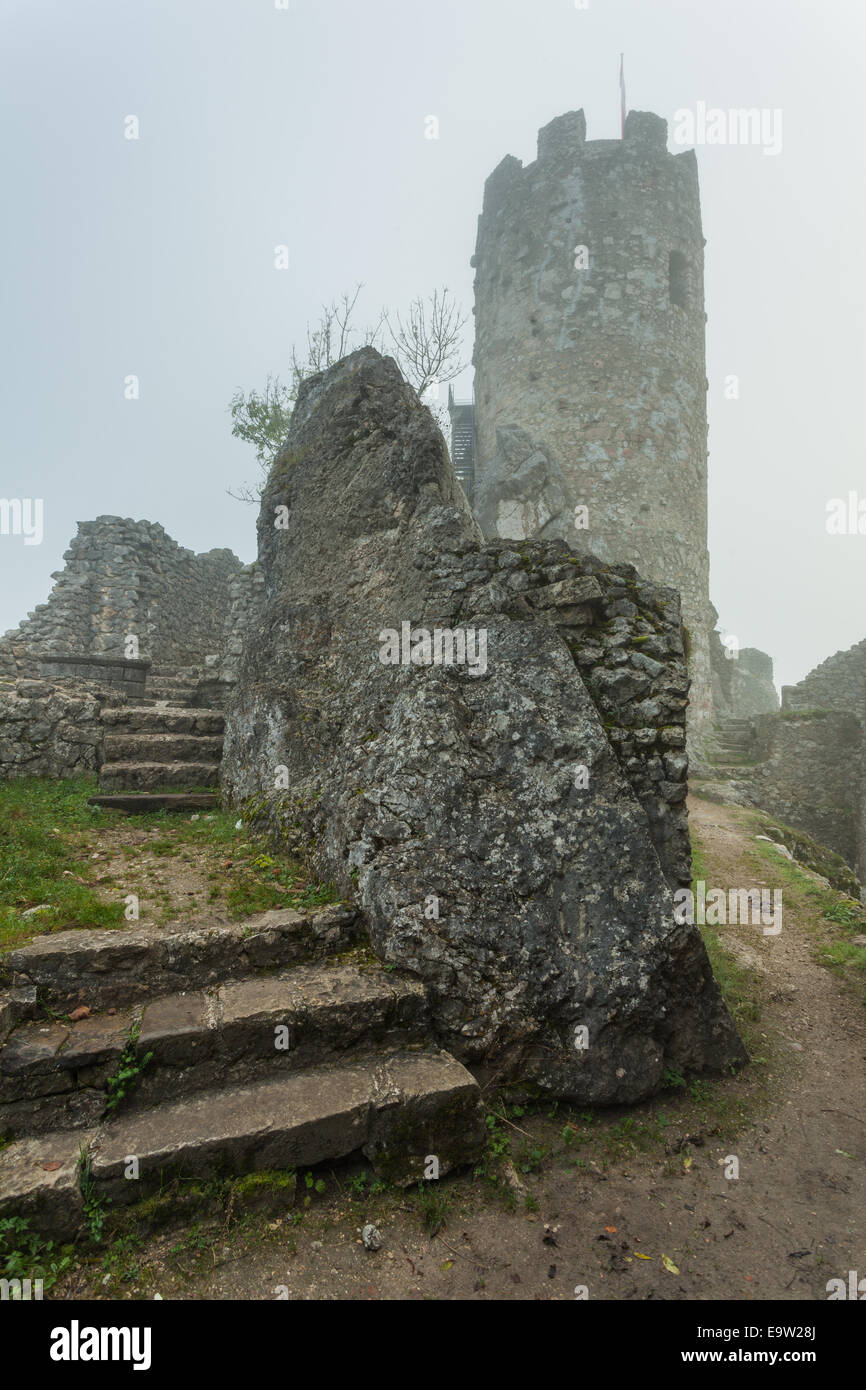 Neu-Falkenstein castle ruins in the fog, Balsthal, Switzerland Stock ...