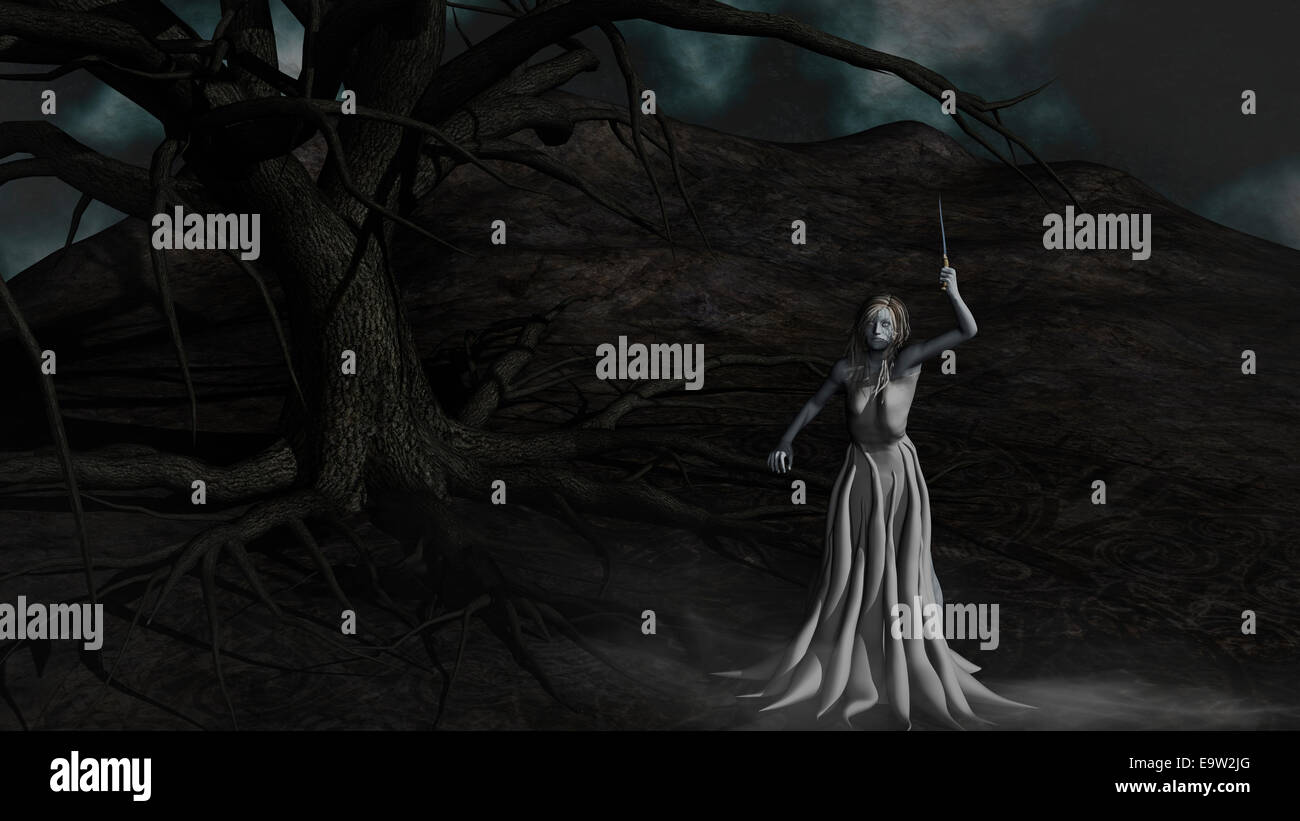 Demon under Evil Tree - Witch in the fog Stock Photo - Alamy