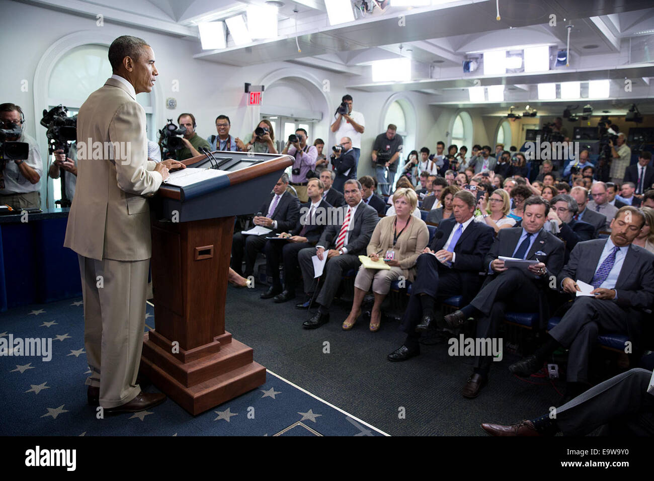 President Barack Obama delivers a statement in the James S. Brady Press ...