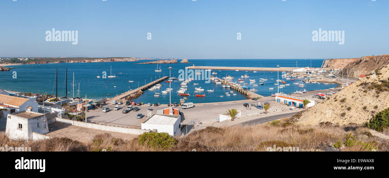 Panoramic view of old port in Sagres with traditional fishing boats ...