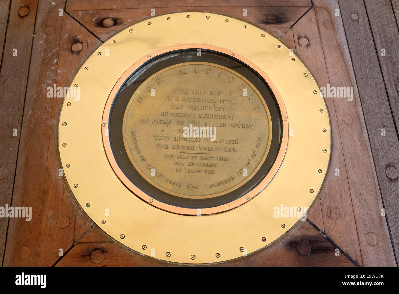 Plaque aboard USS Missouri which marks the spot where the Japanese ...