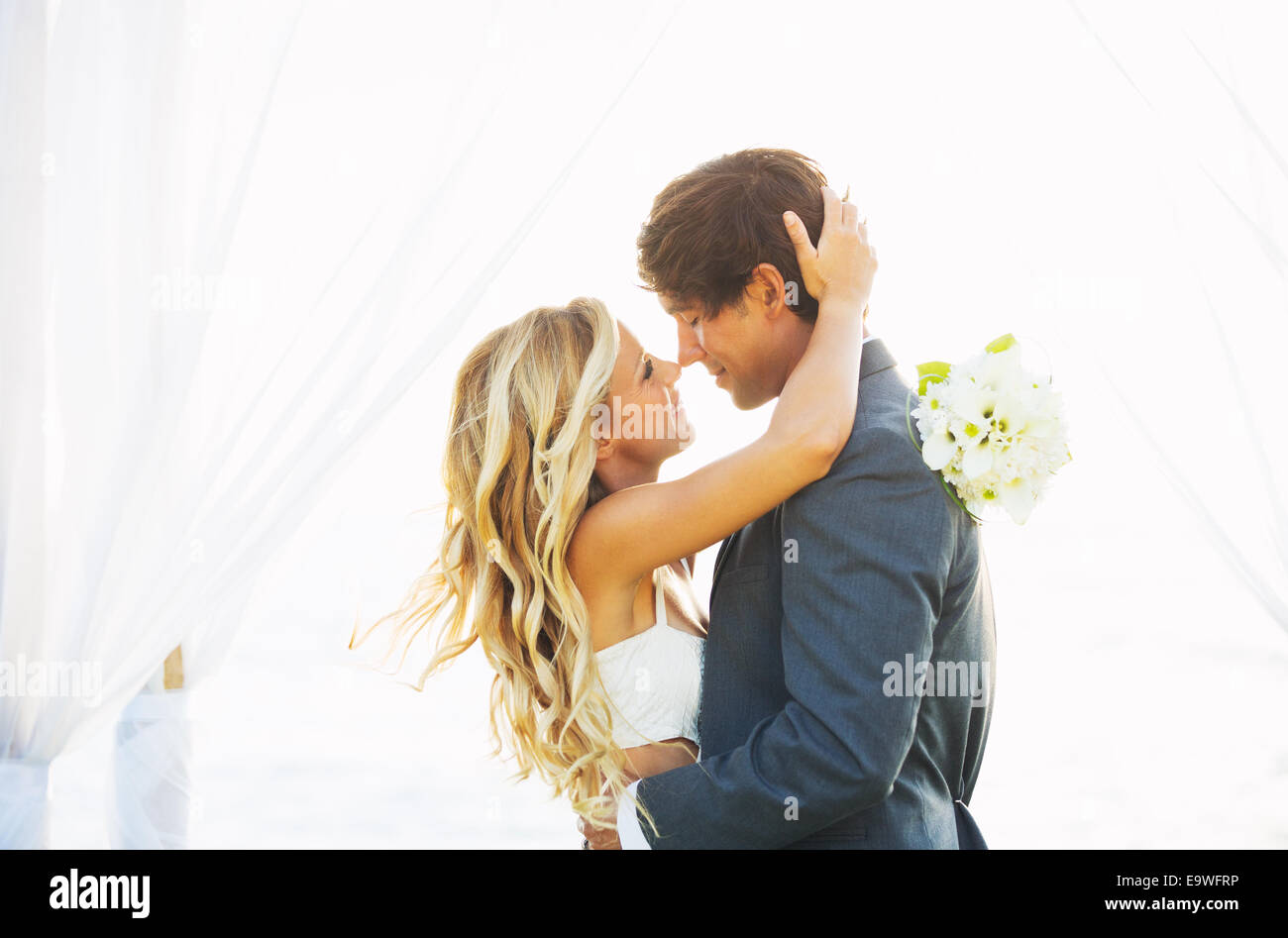 Wedding, Beautiful Romantic Bride and Groom Kissing and Embracing at ...