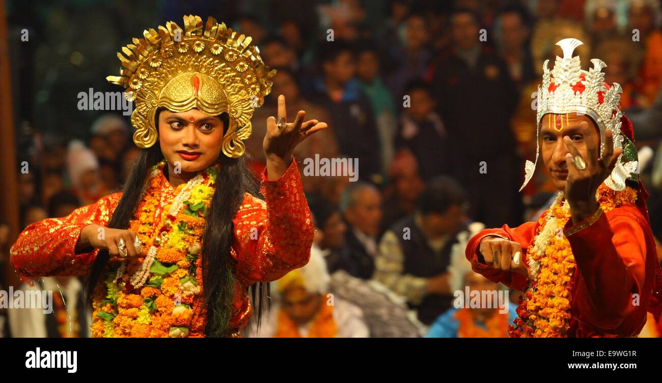 Lalitpur, Nepal. 2nd Nov, 2014. Artists in traditional attire perform ...