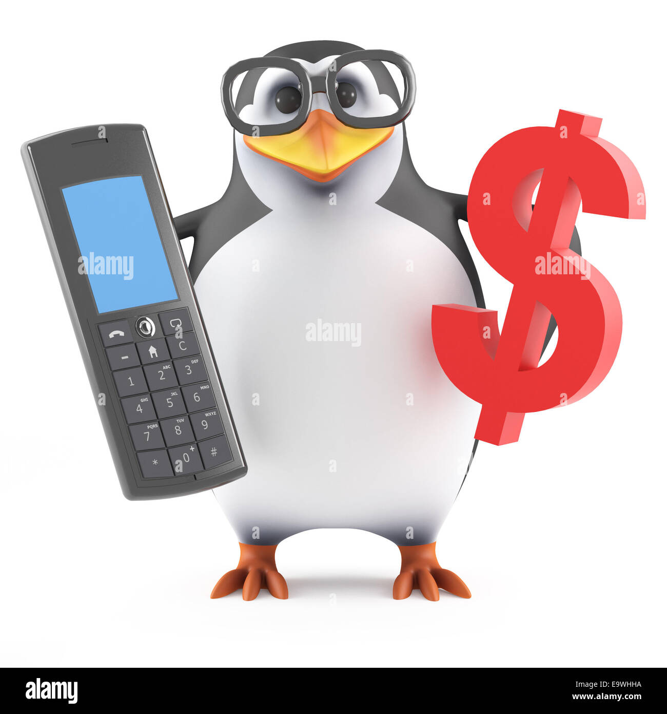 3d render of a penguin holding a mobile phone and a US Dollar symbol ...