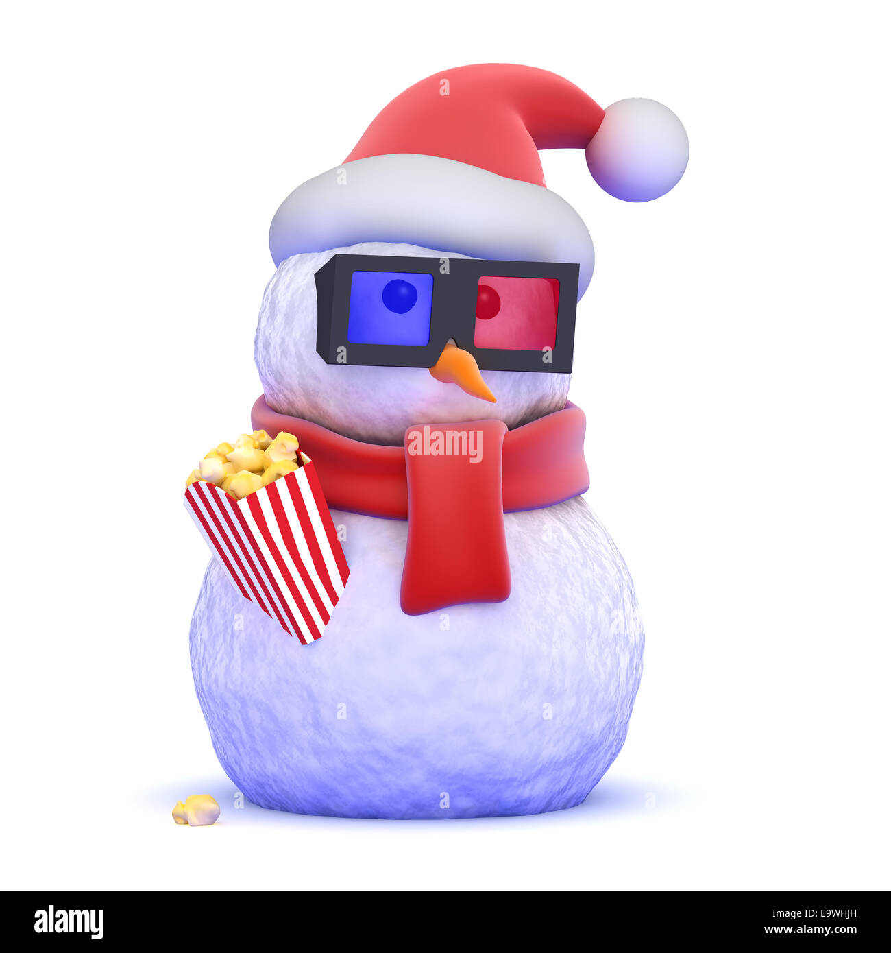 3d render of a snowman wearing a Santa Claus hat eating popcorn Stock ...