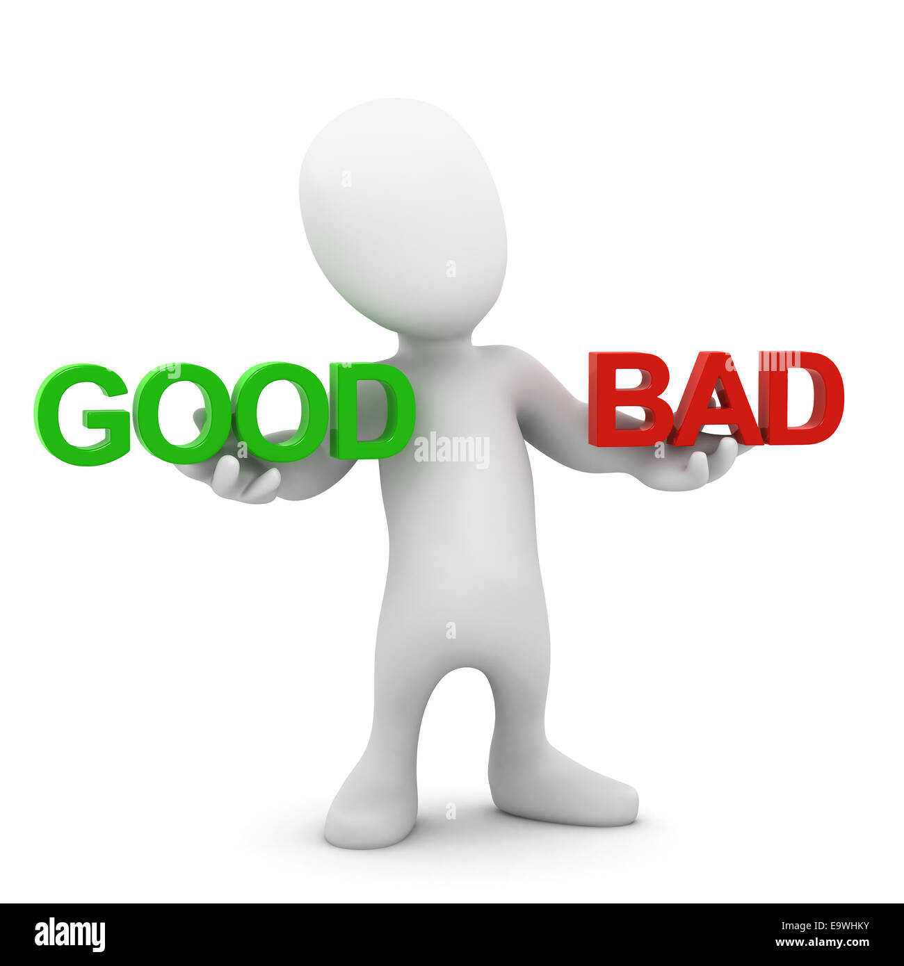 3d render of a little person holding the words Good and Bad Stock Photo ...