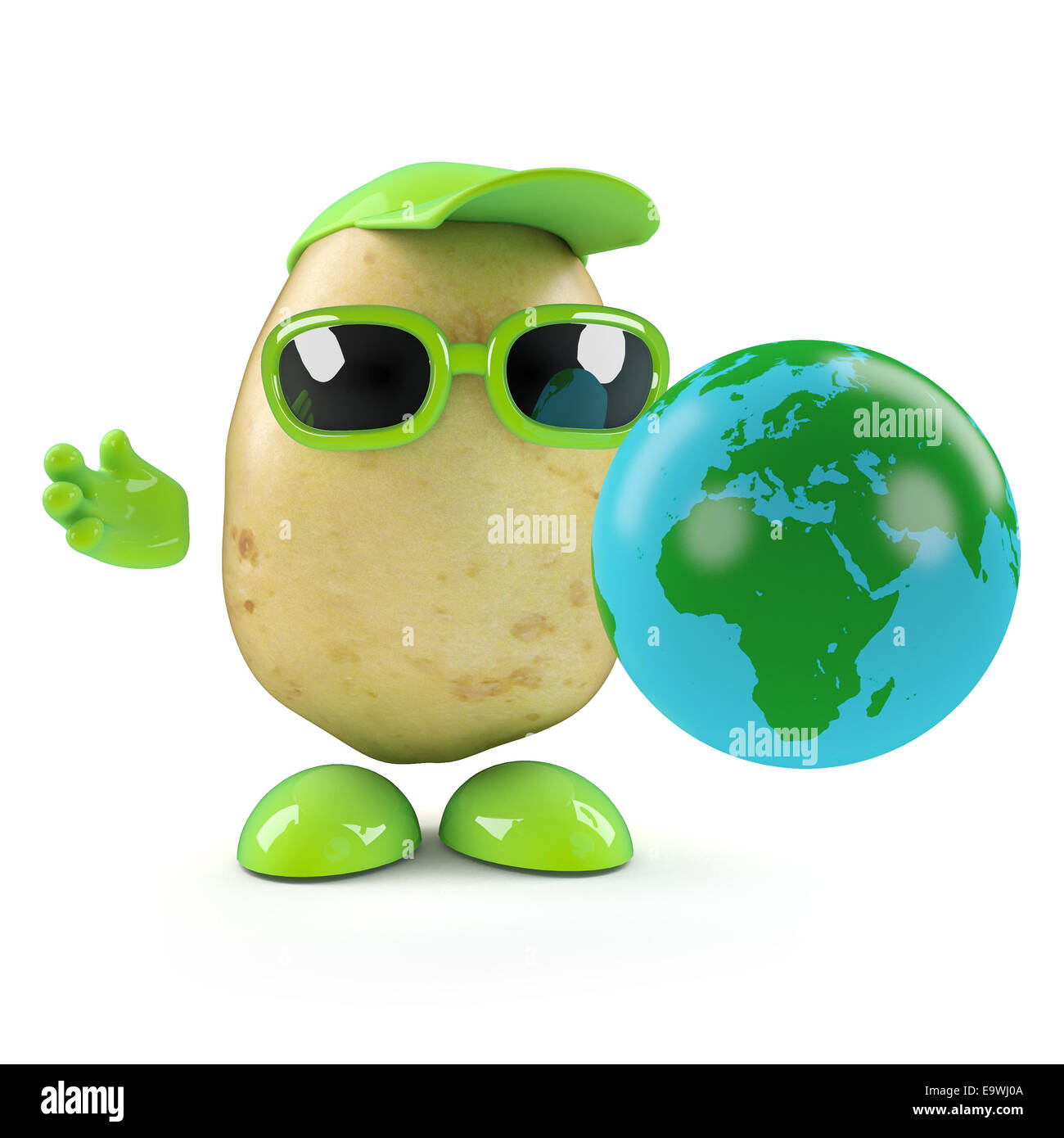 3d render of a potato character looking at a globe of the Earth Stock ...