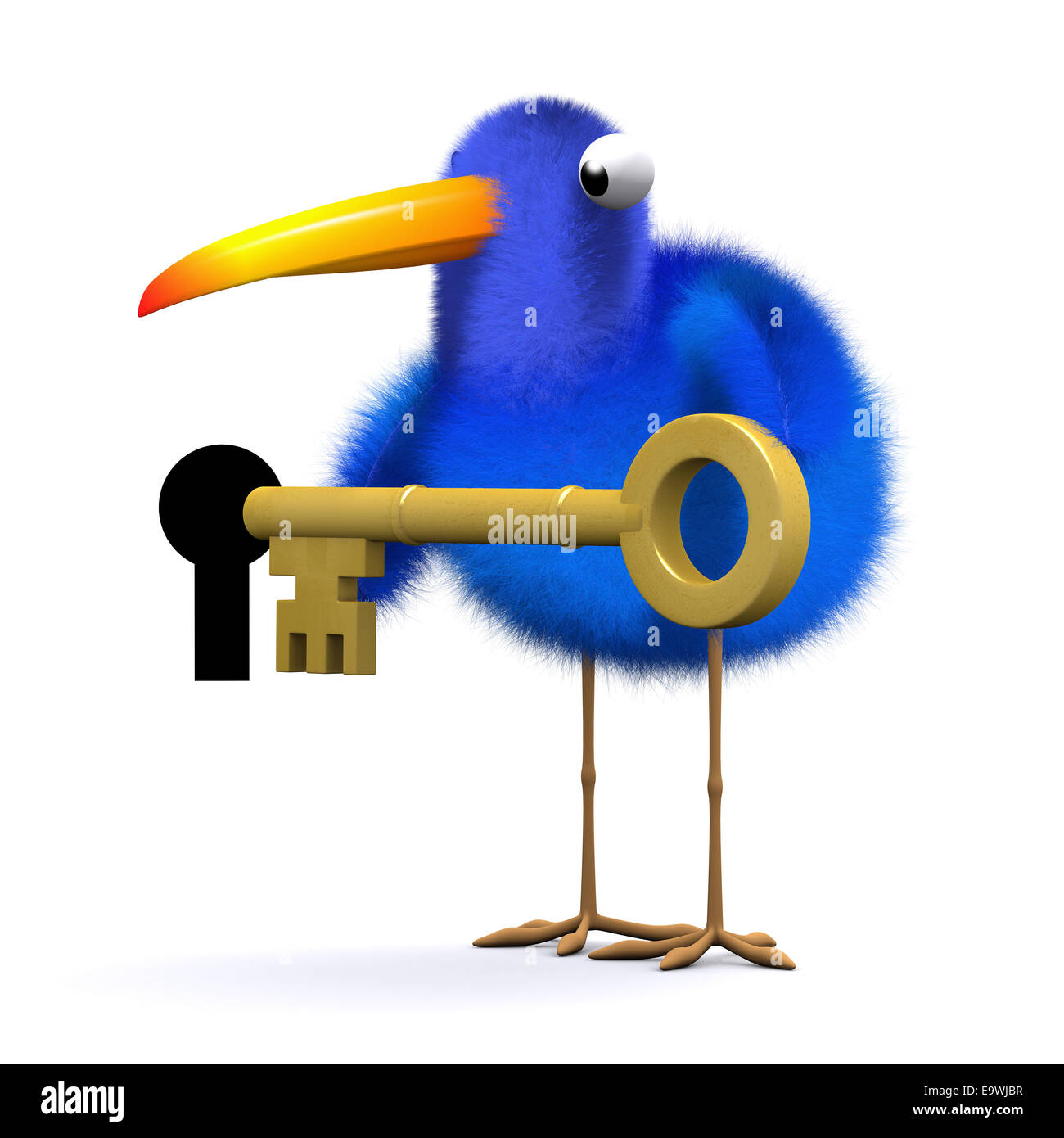 3d render of a blue bird holding a gold key next to a key hole Stock ...