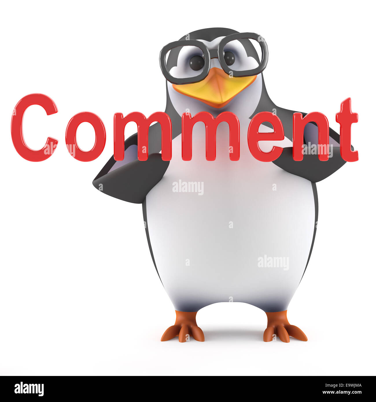 3d render of a penguin holding the word Comment Stock Photo - Alamy