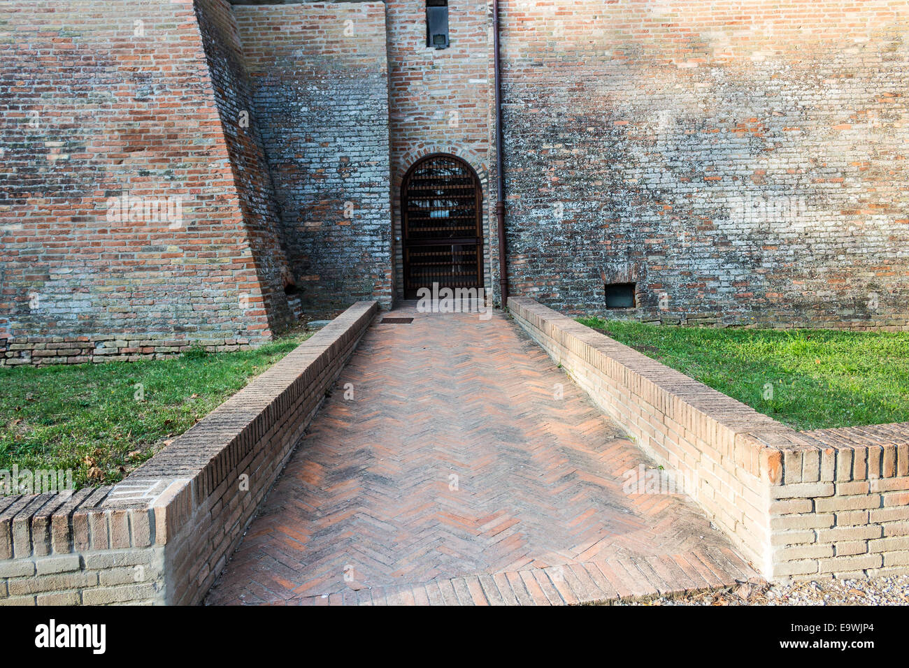 The medieval brick walls of the small village of Dozza near Bologna in ...
