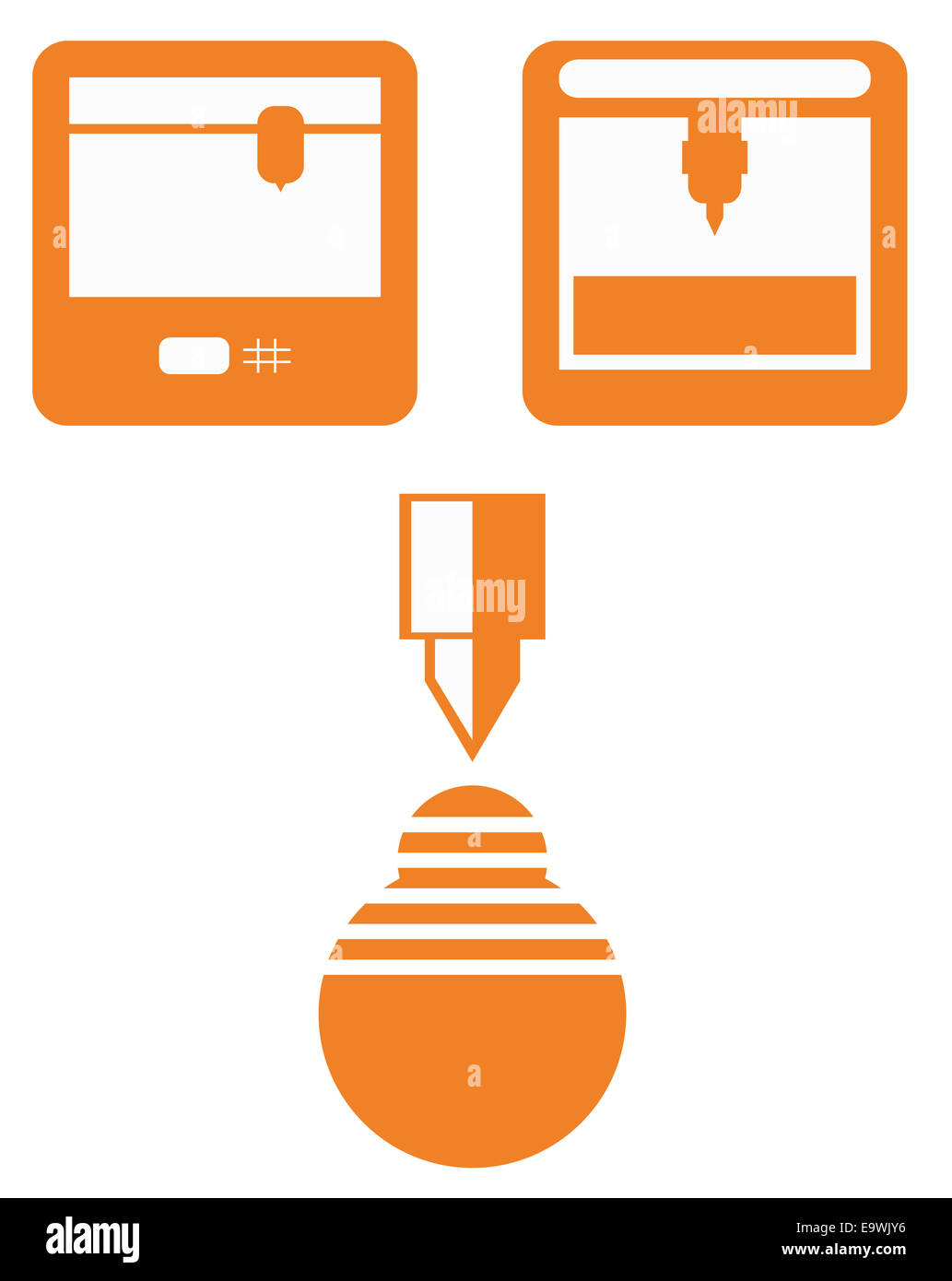 icons of 3d printing technology, flat orange devices on white ...