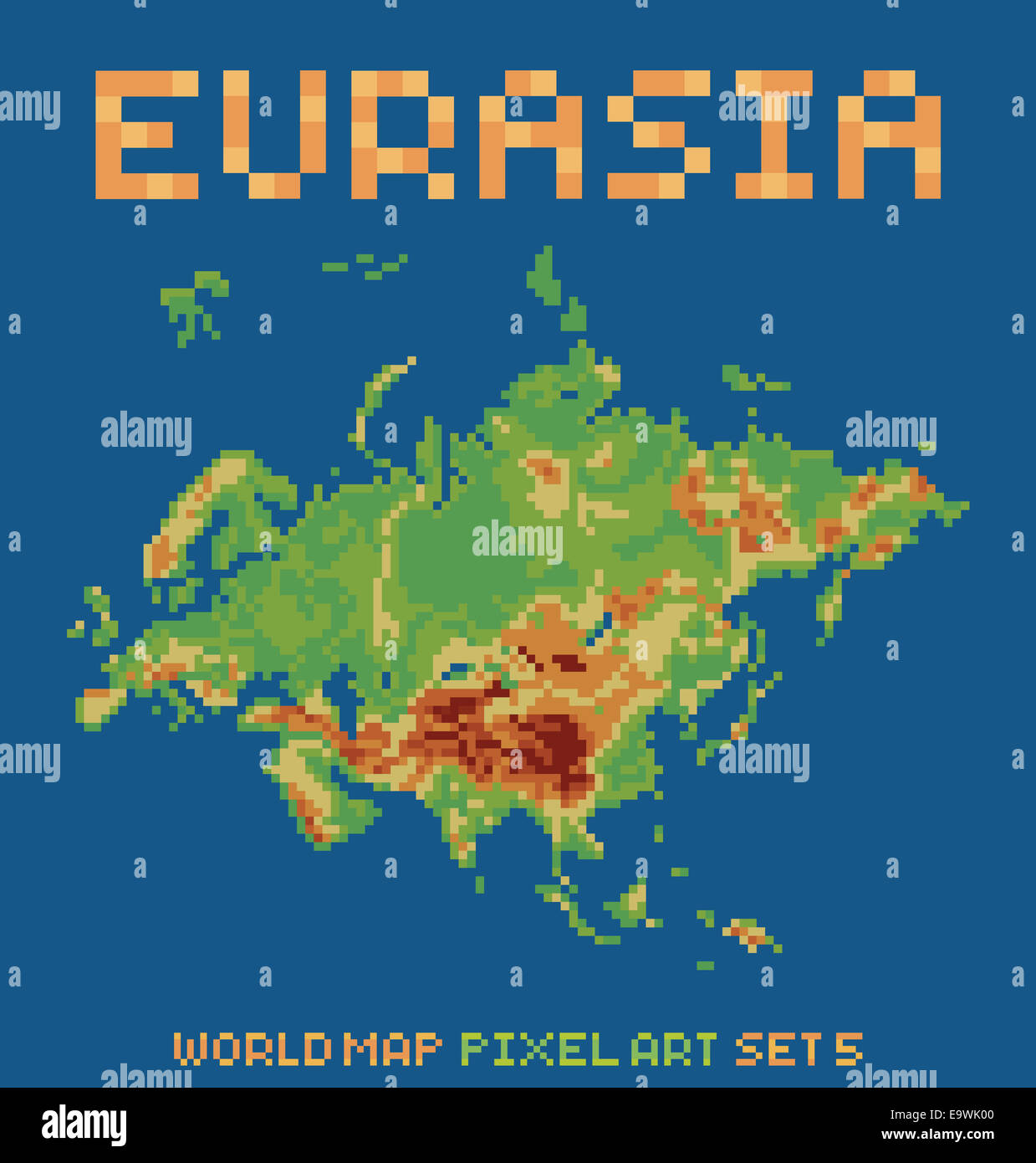 pixel art style illustration of eurasia physical world map isolated on ...