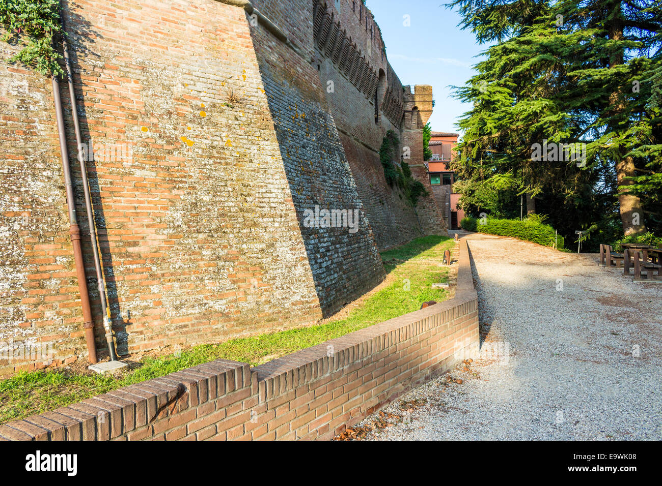 The medieval brick walls of the small village of Dozza near Bologna in ...