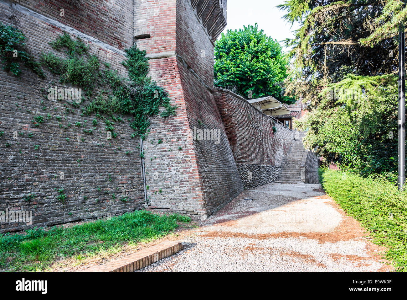 The medieval brick walls of the small village of Dozza near Bologna in ...