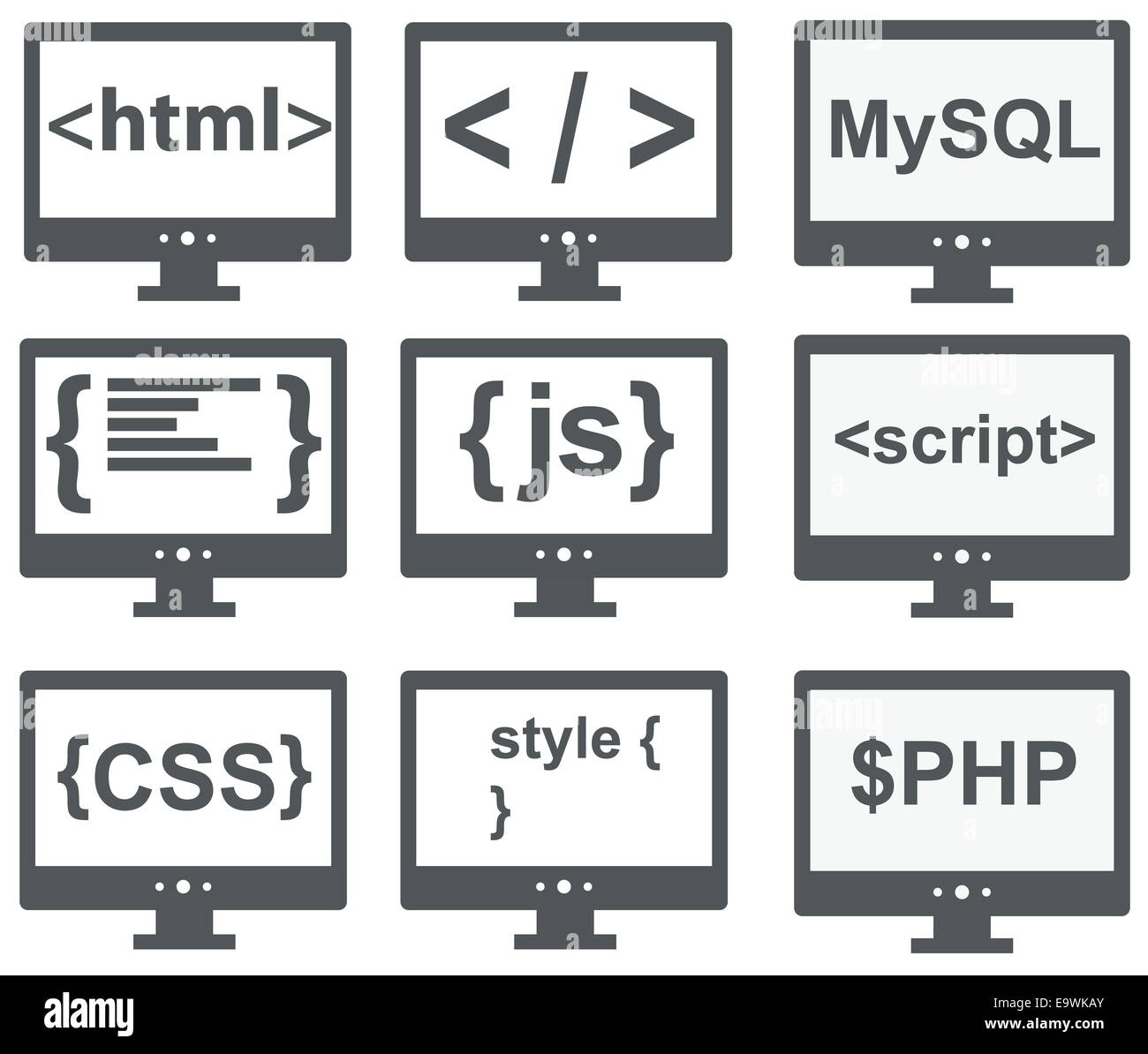 Vector Collection Of Web Development Icons Html Css Tag Mysql Curves Php Script Style