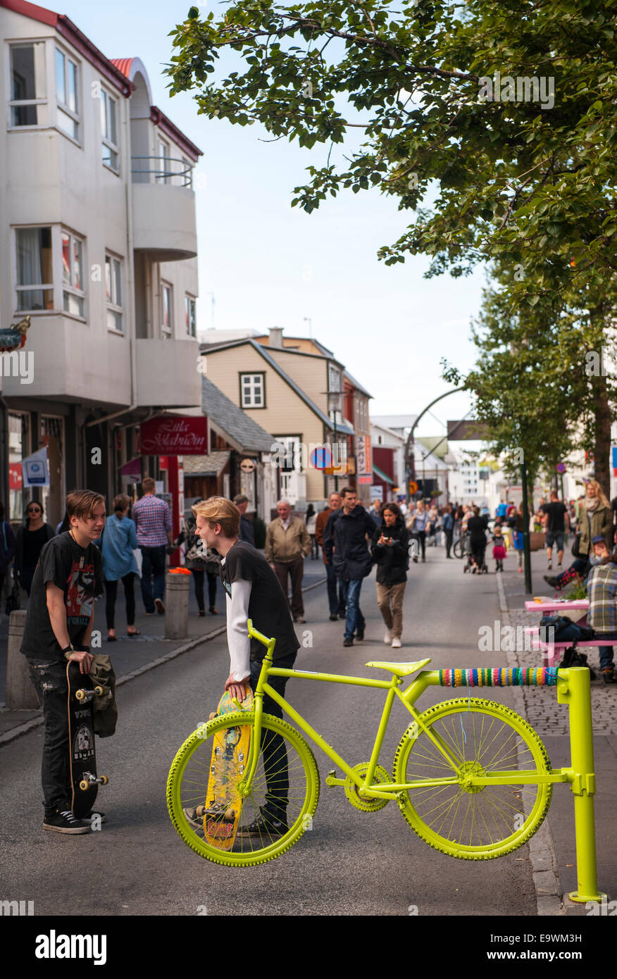 Laugavegur shopping street in Reykjavik, Iceland. Decorated bike ...