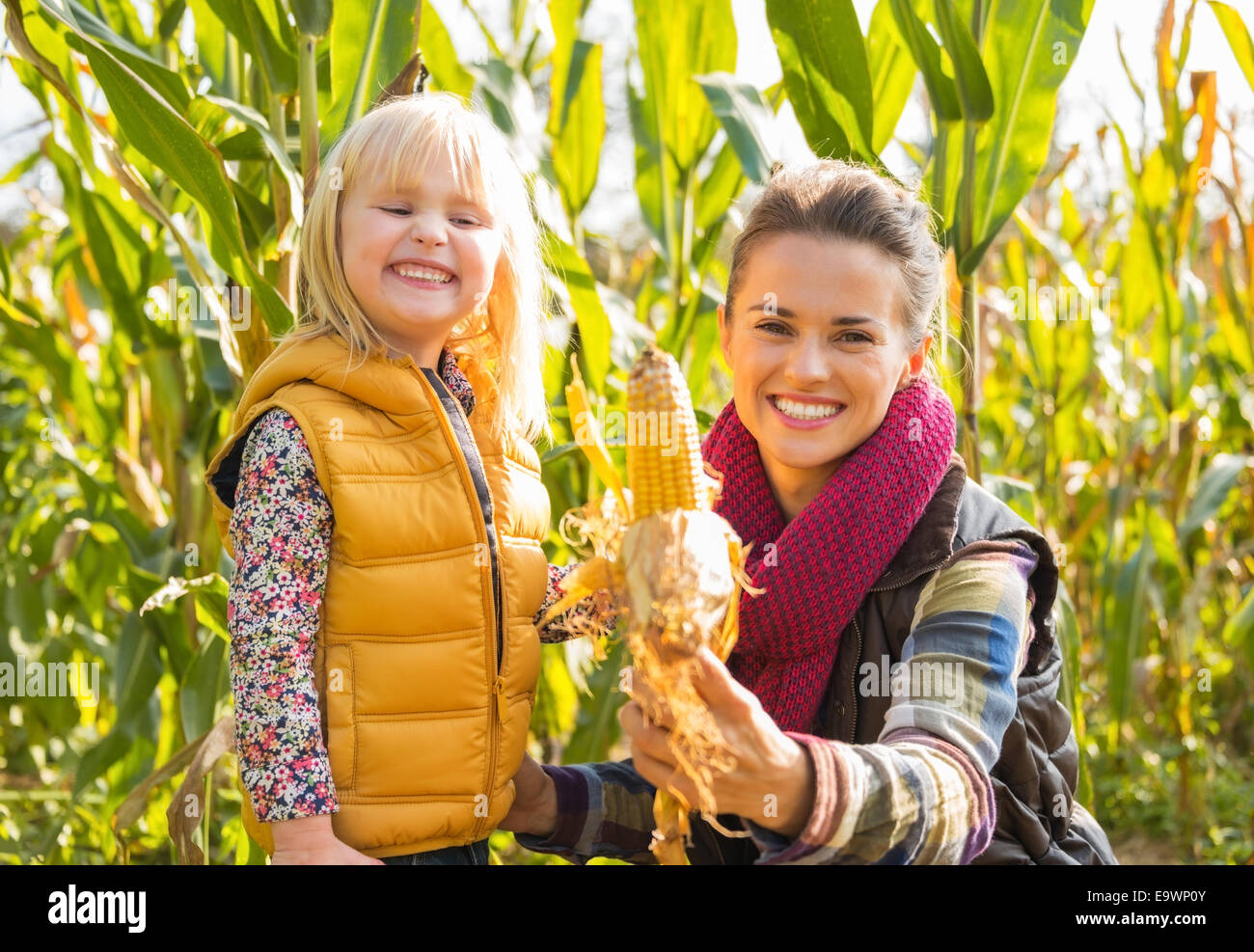 Happy mother and child showing corn while in cornfield Stock Photo - Alamy