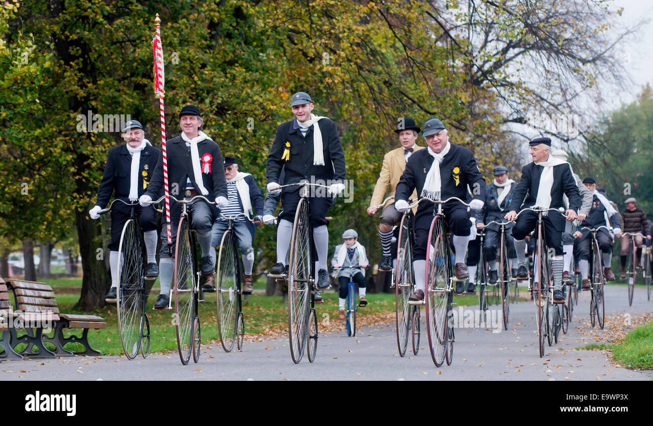 Velocipedists, men on historic bikes and in period costumes, pictured ...