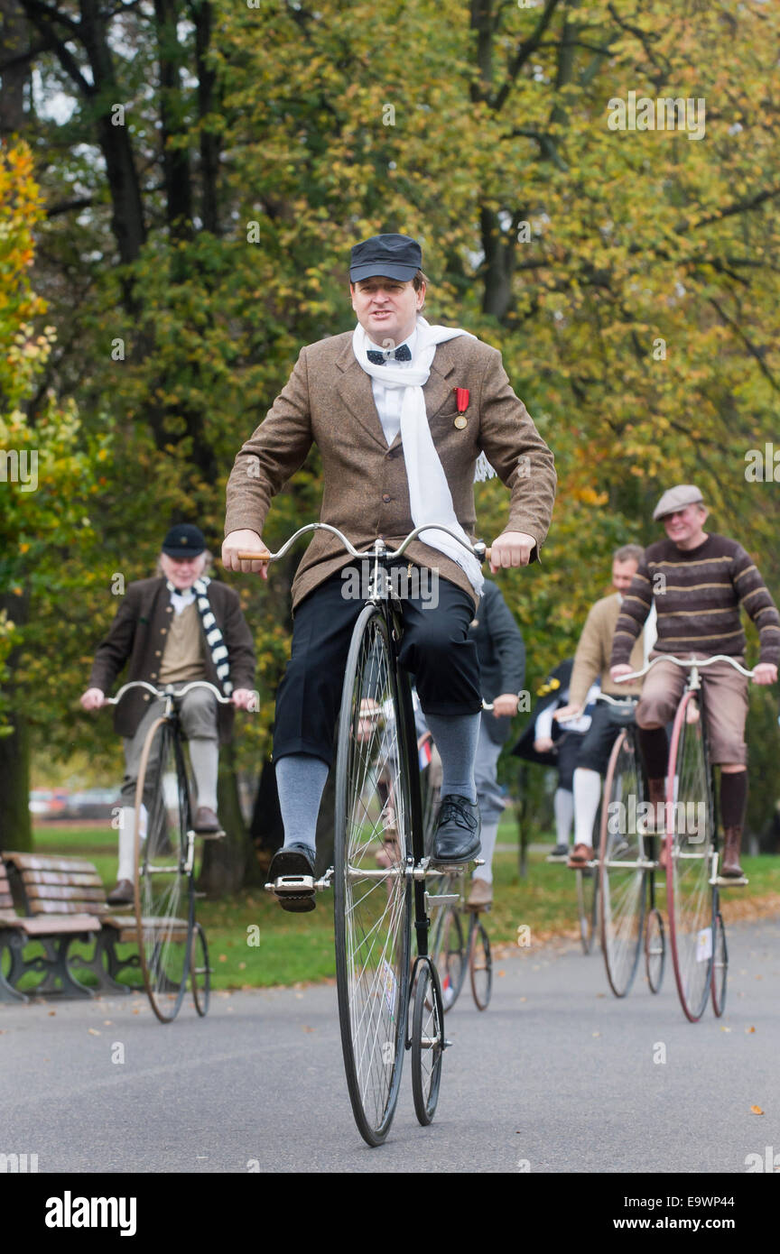 Velocipedists, men on historic bikes and in period costumes, pictured ...