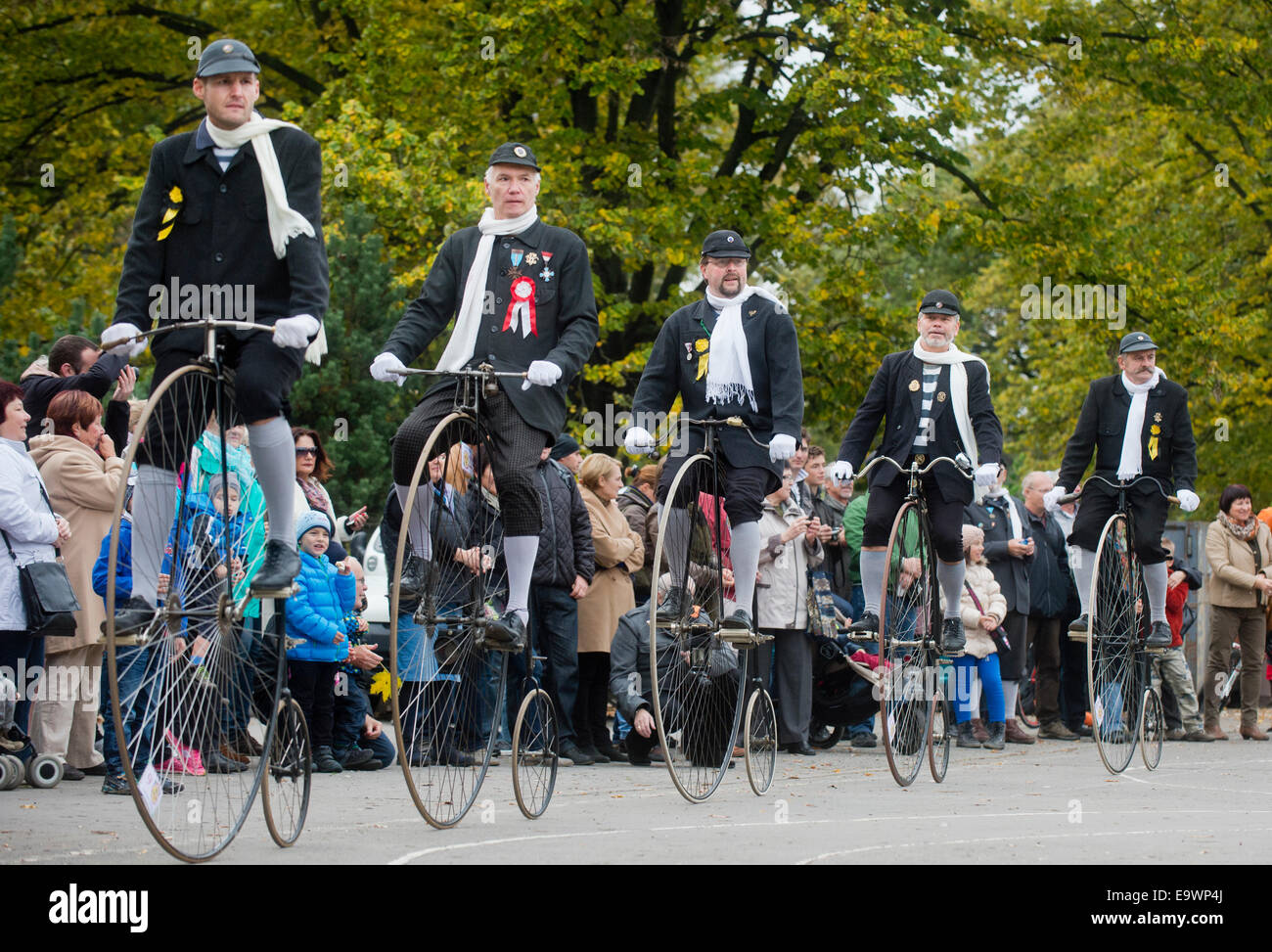 Velocipedists, men on historic bikes and in period costumes, pictured ...