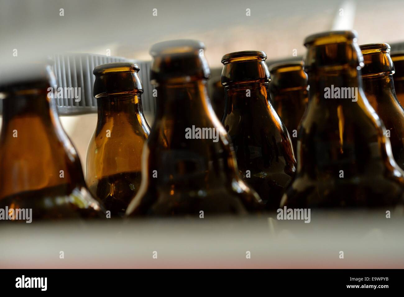 Empty beer bottles in case, Germany, 17. October 2014. Photo: Frank May ...