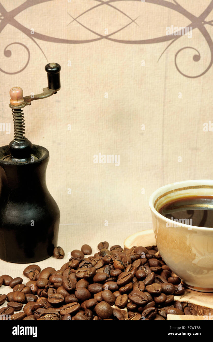 grinder and coffee cup at texture Stock Photo - Alamy