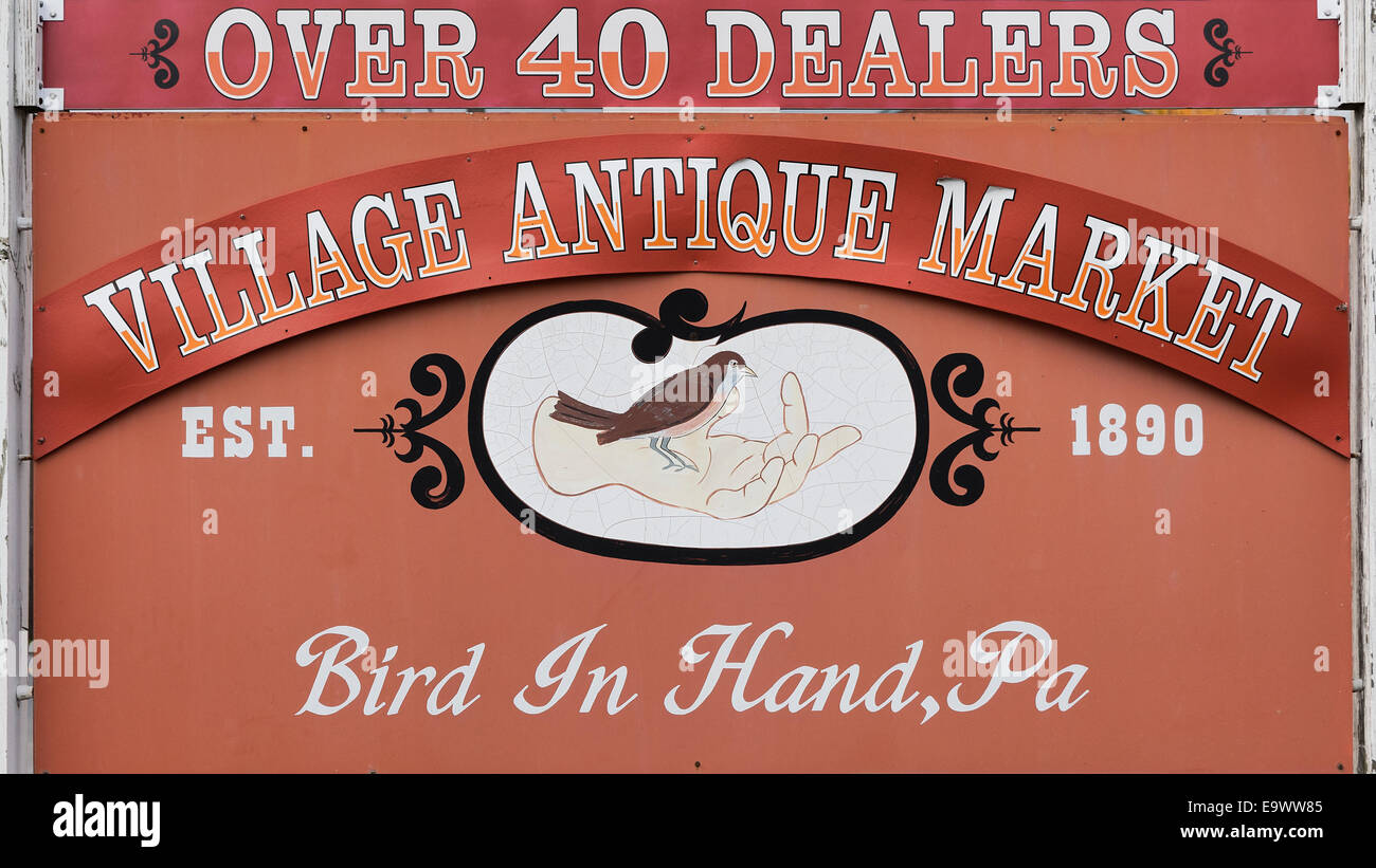 Sign for antique market, Bird in Hand, Pennsylvania, USA Stock Photo ...