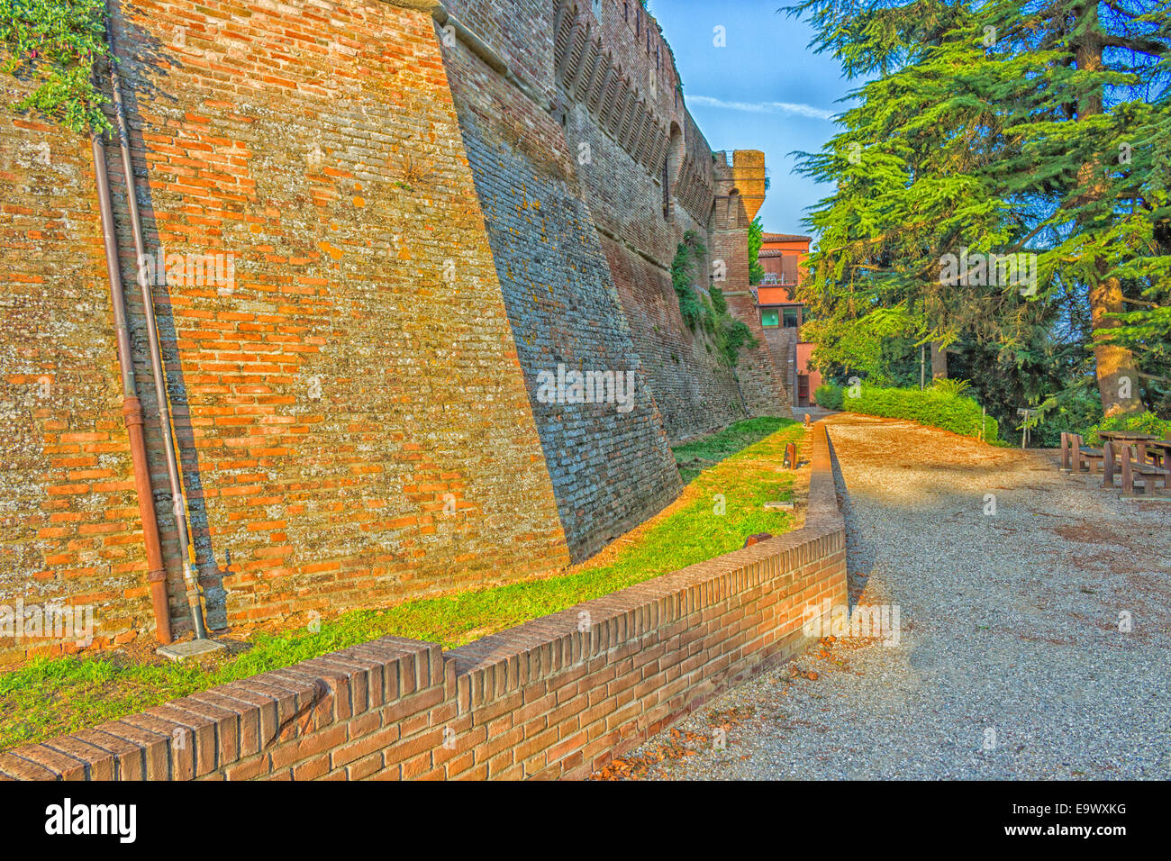 The medieval brick walls of the small village of Dozza near Bologna in ...