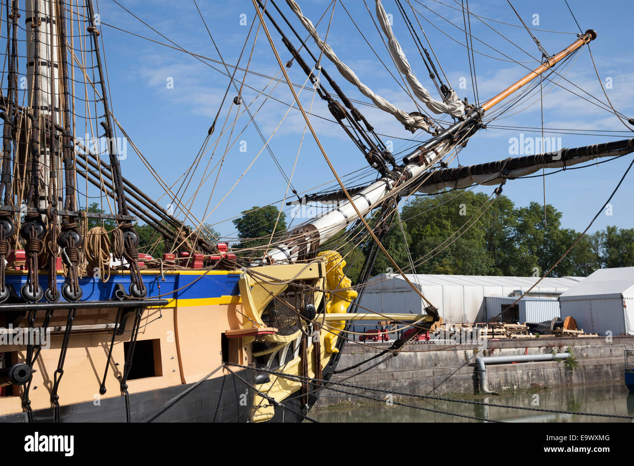 The topgallant mast of the frigate - the Hermione - moored on a dry ...