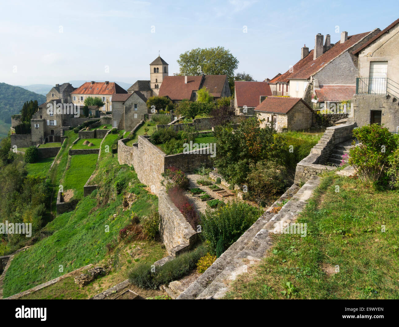 Terraced slopes of Chateau Chalon village famous for producing Vin ...
