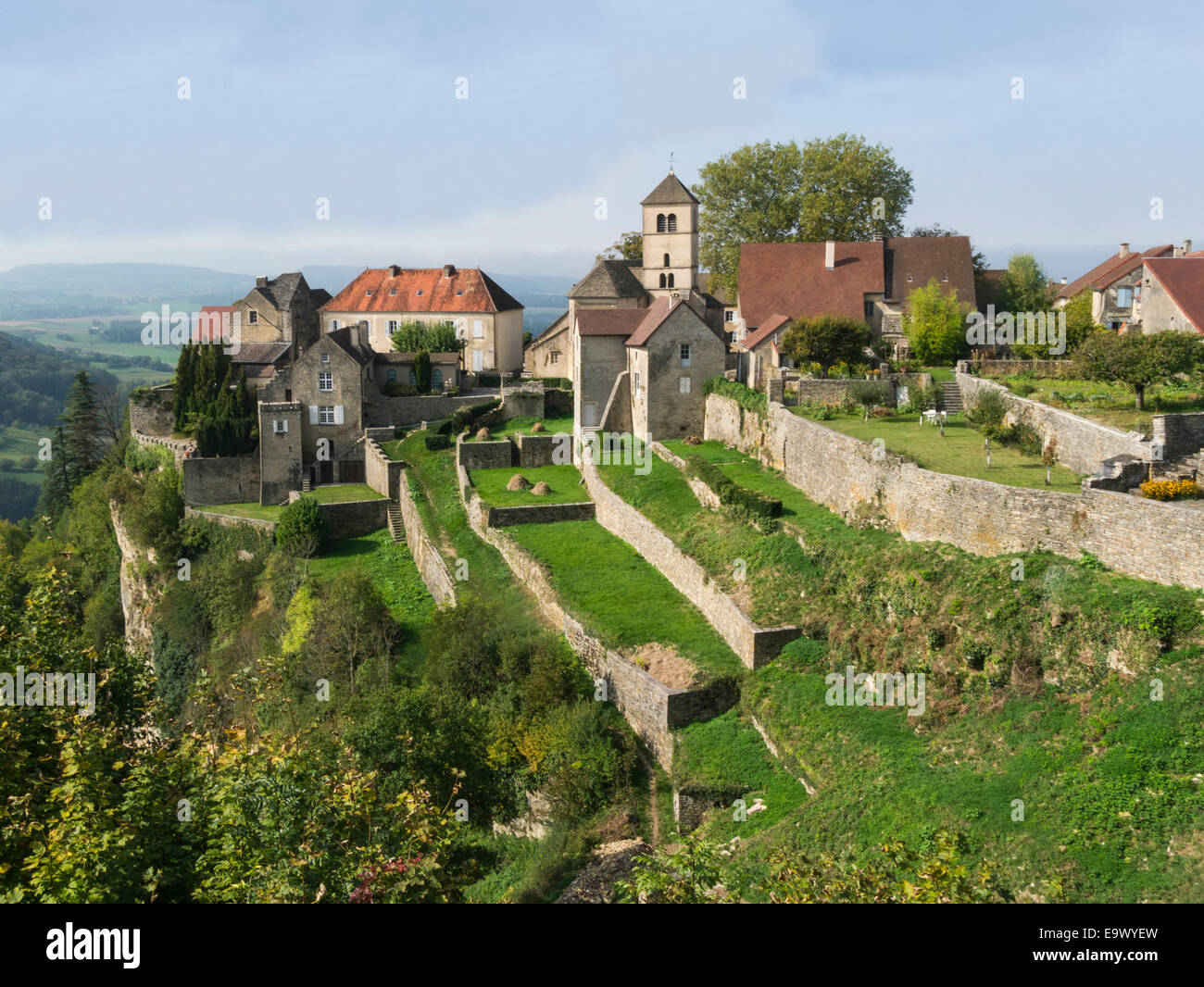 Terraced slopes of Chateau Chalon village famous for producing Vin ...