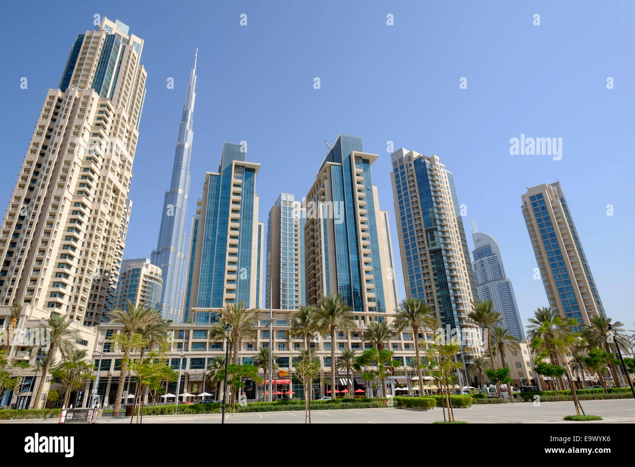 View of modern high-rise apartment towers and Burj Khalifa in Downtown ...