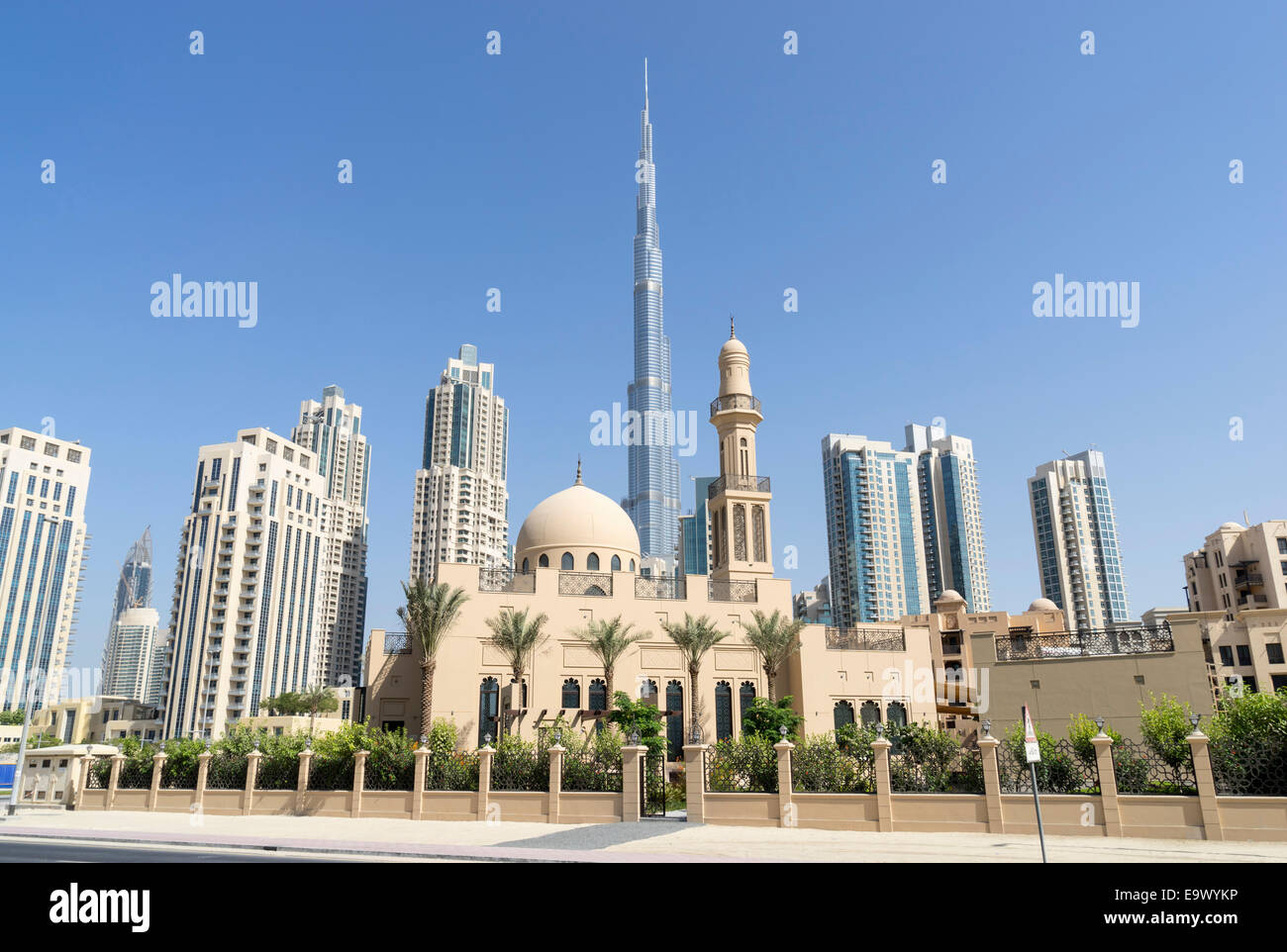 New mosque and view of Burj Khalifa in Downtown Dubai United Arab ...