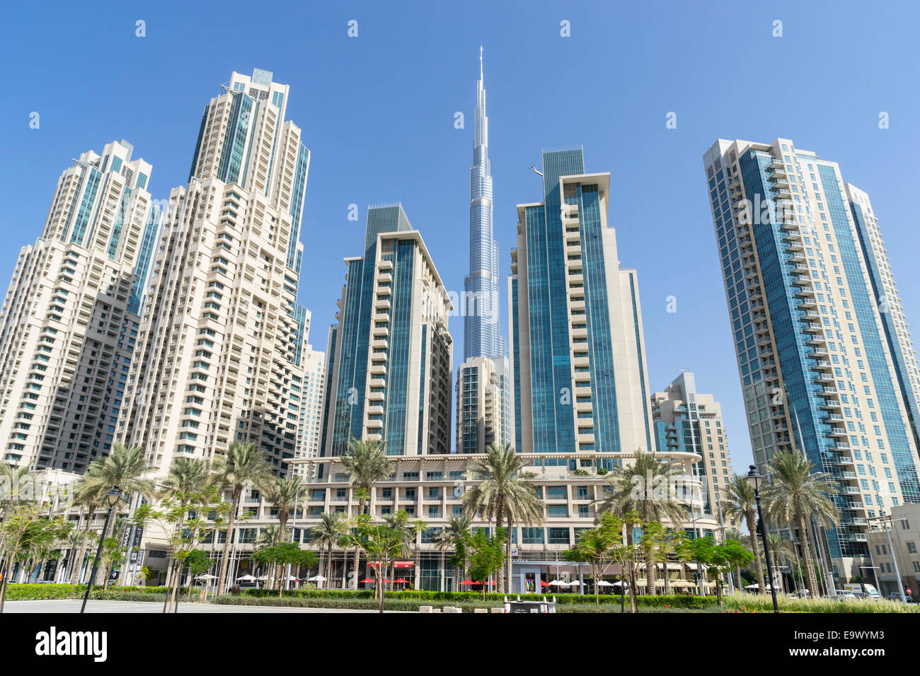 View of modern high-rise apartment towers and Burj Khalifa in Downtown ...
