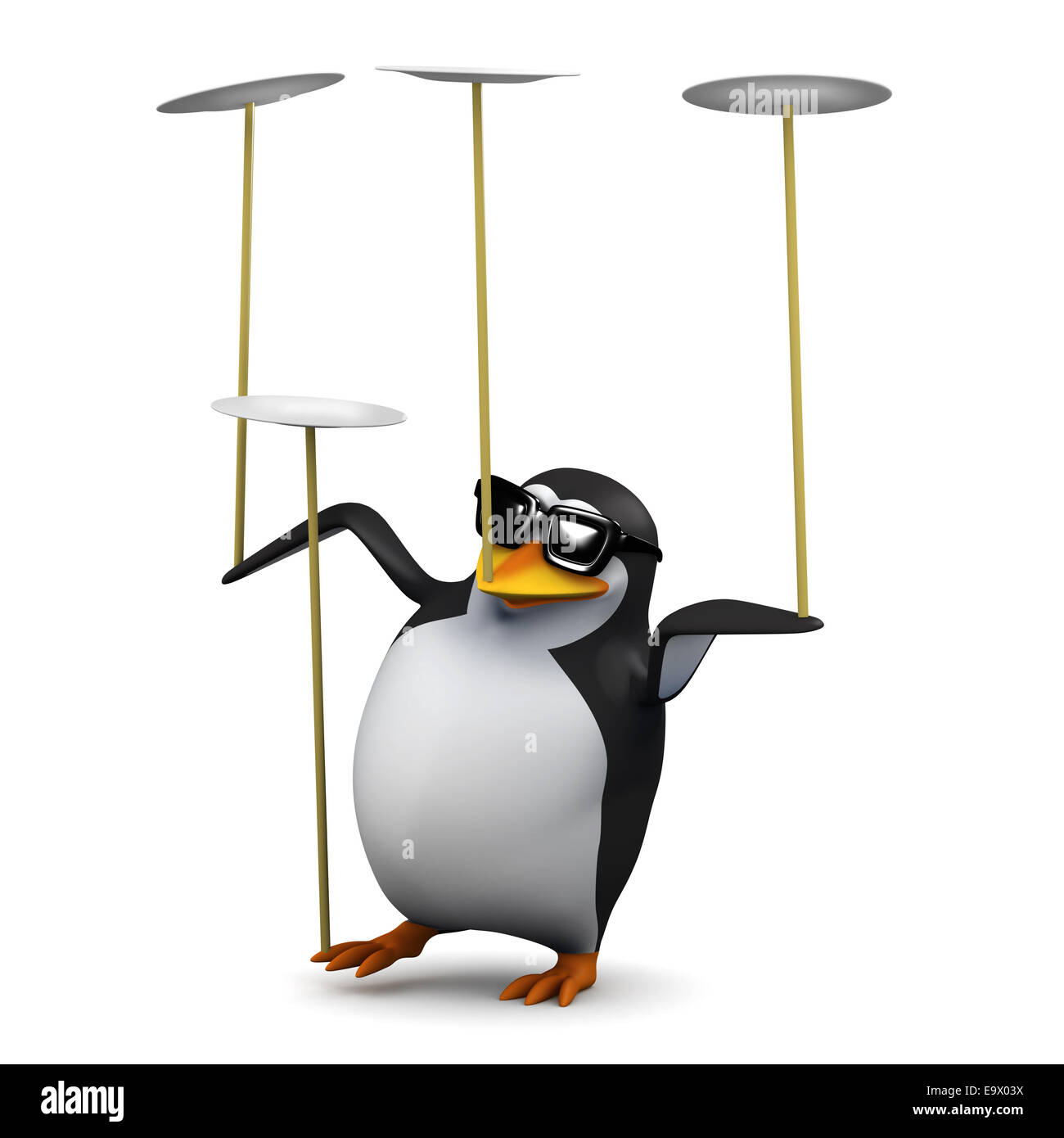 3d render of a penguin balancing plates on sticks Stock Photo - Alamy