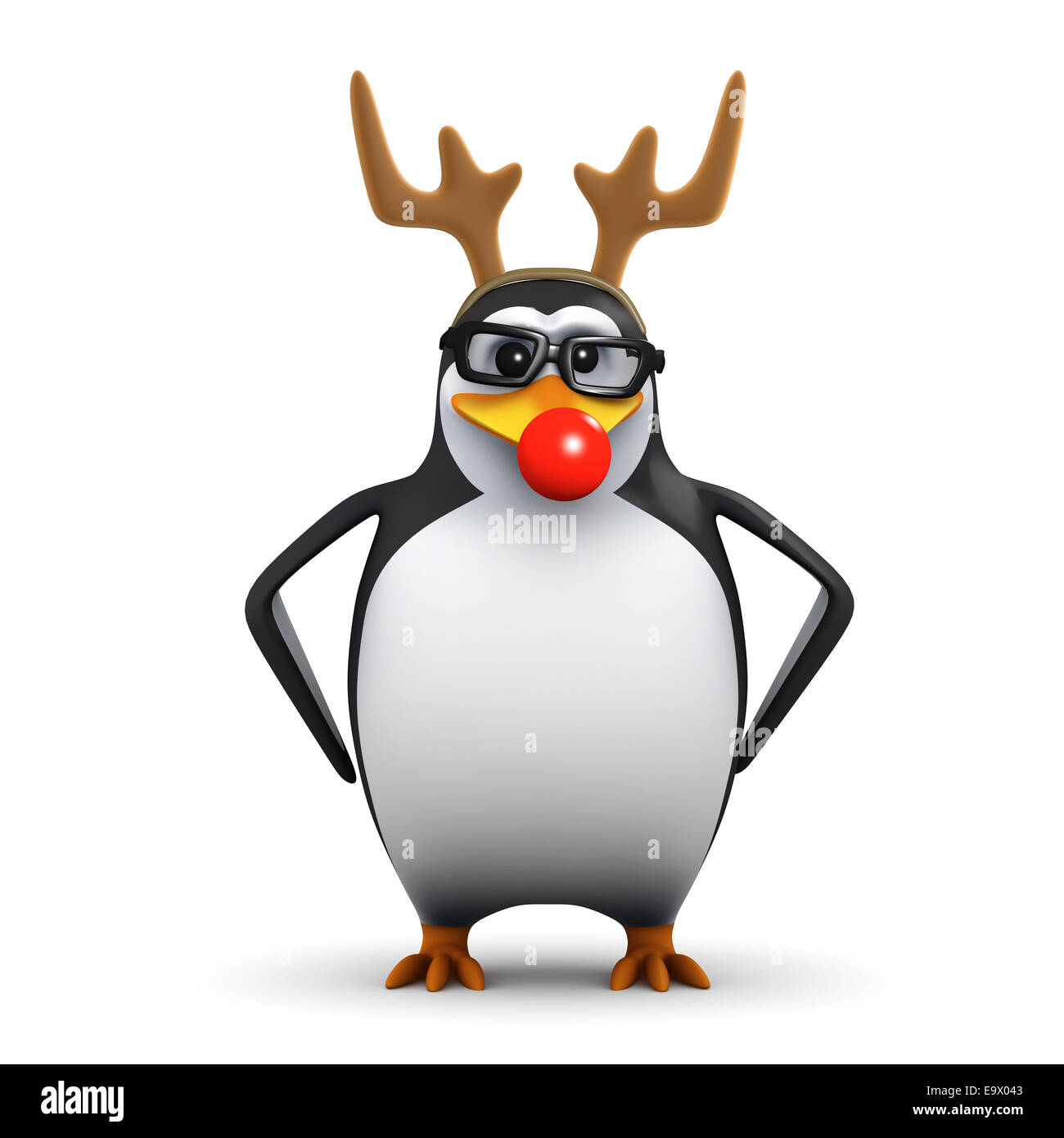 3d render of a penguin wearing reindeer antlers and a red nose Stock ...