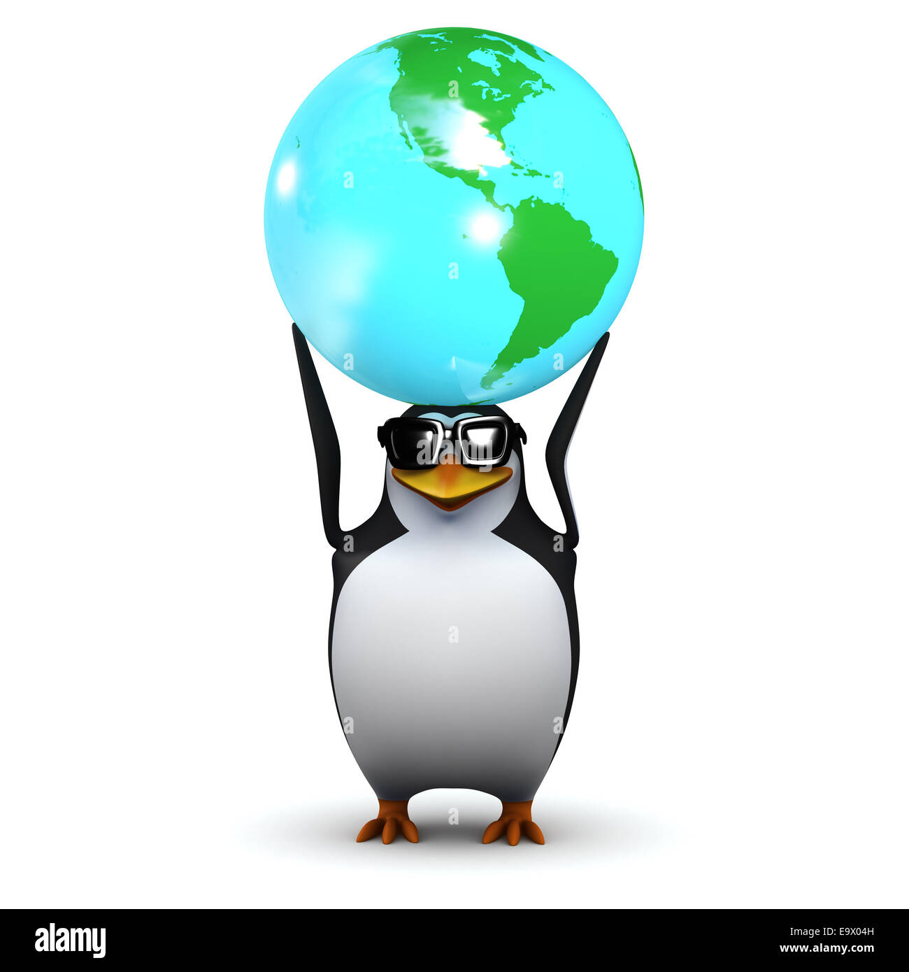 3d render of a penguin holding a globe of the Earth above his head ...